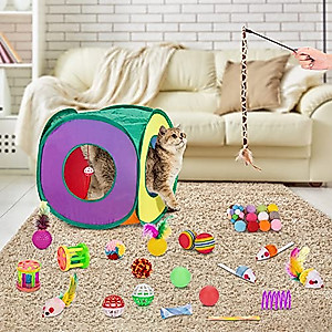 Retro Shaw Cat Toys Set, Interactive Cat Kitten Toys for Indoor Cats Kitty with Collapsible Cat Play Tunnel Tube Tent Cat Feather Wand Teaser Cat Bell Fuzzy Ball Springs Mouse Toys