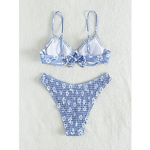 GORGLITTER Women's 2 Piece Swimsuits Floral High Waisted Bikini Sets Push Up Triangle Bathing Suits Blue and White X-Small