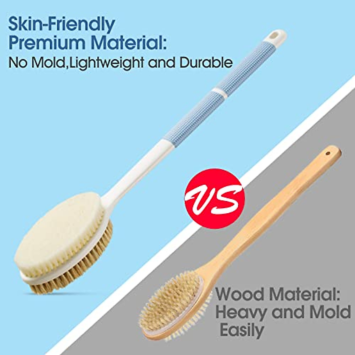 Back Scrubber Anti Slip for Shower,Back Brush Long Handle with Stiff and Soft Bristles,Body Exfoliator for Bath or Dry Brush(Blue)