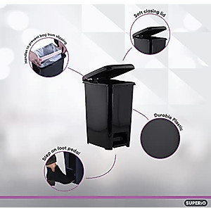 Superio Slim Pedal Trash Can, 64 Qt. (Black), Large Trash Can with Step-On Pedal, Durable Material Home and Kitchen Trash Can 16 Gallons
