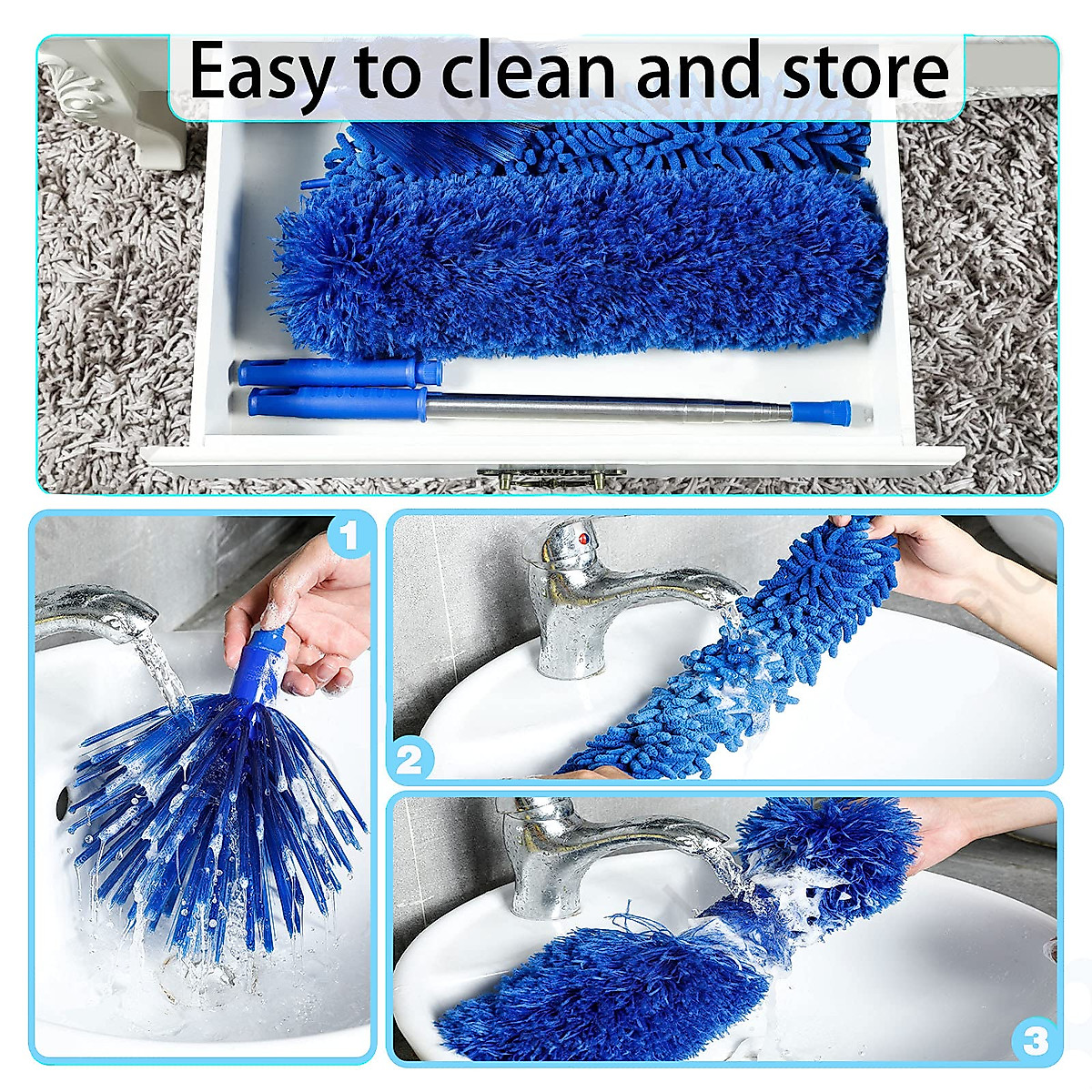 Microfiber Dusters w 2 Handle Sets, Durable 15~100 Inchs Long Telescopic Rod, Washable, Feather Dusters for Cleaning Cobweb, Ceilings Fans (5 Pack)…… Blue