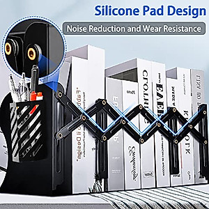 Heavy Duty Book Ends to Hold Books with Pen Holder, Adjustable Bookends, Metal Book Ends for Shelves, Black Book Holders Binder Organizer for Bookshelf Desk - Extends up to 19"