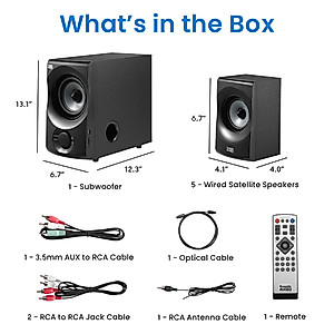 Acoustic Audio AA5172 700W Bluetooth Home Theater 5.1 Speaker System with FM Tuner, USB, SD Card, Remote Control, Powered Sub (6 Speakers, 5.1 Channels, Black with Gray)