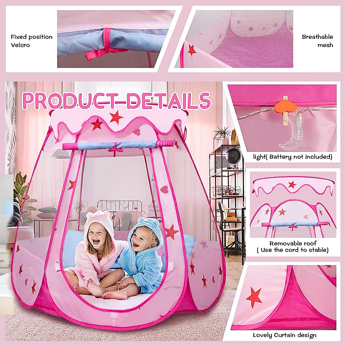 Pricess Tent, Kids Pop Up Tent with Star Light and Clip, Foldable Kids Princess Castle Playhouse Tent Indoor for Girls,Pink Indoor Outdoor 1 2 3 Year Old Girls Toy Gift for Birthday/Christmas