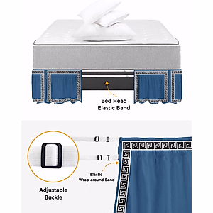 Chinese Bed Skirt Cal King Size 18 Inch Drop,Adjustable & Elastic Wrap Around Bed Skirts Pleated Luxury Dust Ruffles for Twin Full Queen Cal King Base Bed,Traditional Blue Black Geometric Tile Pattern