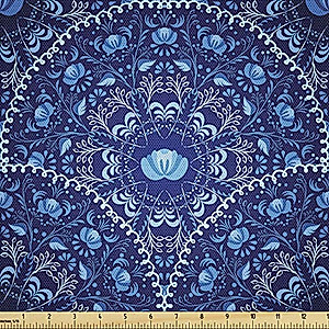 Ambesonne Navy Blue Fabric by The Yard Circular and Floral Alike Oriental Style Patterned Design Artwork Printed Decorative Water Resistant Material for Upholstery and Home Accents 1 Yard Blue Navy
