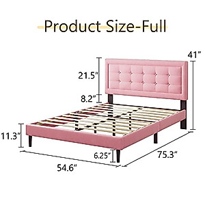 UNIZONE Full Upholstered Bed Frame with Headboard, Tufted Platform Bed with Button Headboard, Wood Slats Support, Mattress Foundation, No Box Spring Needed, Easy Assembly, Modern, Velvet, Pink