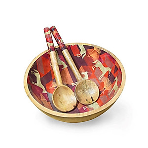 YoTreasure Tiramisu Gold Horse Salad Bowl with Salad Servers | Salad Bowl with Tongs | Wood Fruit Bowl for Kitchen Counter | Resin/Mango Wood Bowl