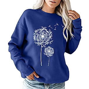 BANGELY Womens Dandelion Sweatshirt Casual Crewneck Loose Pullover Tops Long Sleeve Graphic Tee Shirt Blue