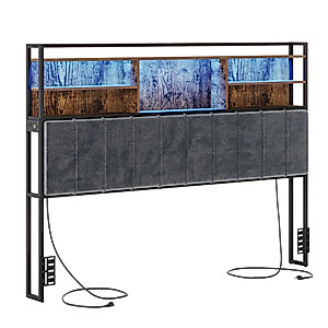 Hzuaneri Headboard with 3-Tier Storage Shelves, Upholstered Head Board with 2 Outlets, USB Ports & LED Light, Soft Backrest for King Size Bed Rustic Brown and Black BH19401B