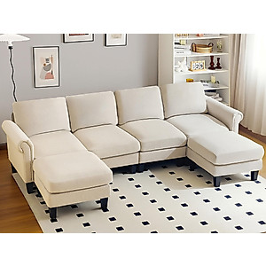 Redlife 110" Modular Sectional Sofa, Sectional Couches for Living Room, U Shaped Sectional Couch Convertible Sectional Sofa with Double Chaise, Comfy U Shaped Sectional Sofa for Living Room (Beige)