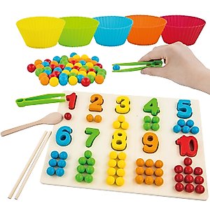 Evmark Toys & Games Wooden Montessori Numbers and Balls Math Board - Colorful Cups and Balls for Matching and Sorting to Learn Counting for Ages 3 and up