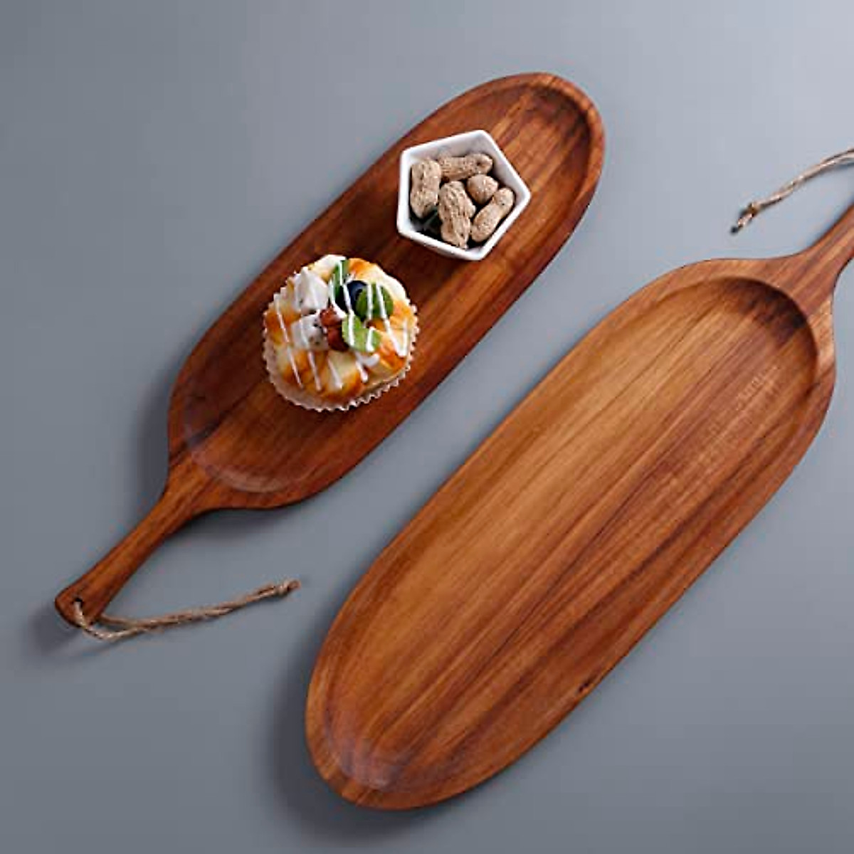 Set of 2 Acacia Wood Serving Trays,Oval Long Wooden Tray Plates for Serving Food,House Warming Gifts New Home Decor,Handmade Snack Board Bread Sushi Fruit Trays for Party