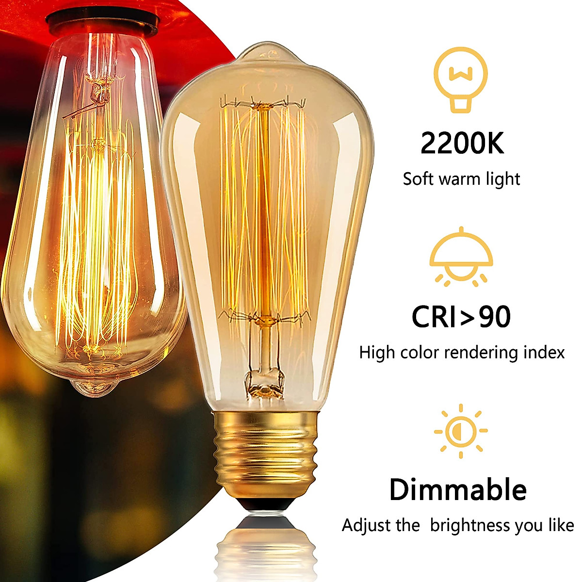 Sevici Edison Bulb, 6 Packs, ST64 60W 120V Edison Bulb Retro Incandescent Bulb, E26/E27 Base, 2200K Amber Warm Yellow Base, Dimmable, Retro Glass Bulb, Suitable for Outdoor and Indoor