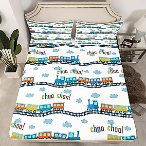 Colorful Train Bedding Set Twin Size Cartoon Car Fitted Sheet 2Pcs Blue Train Tracks Cloud Bed Sheet for Kids Boys Girls Teens Room Decor Transportation Vehicles Deep Pocket Sheet,1 Pillowcase