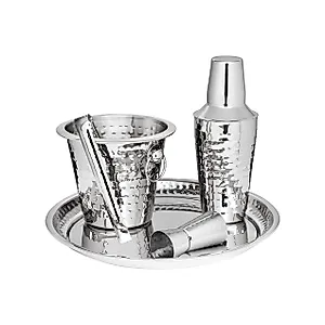 Godinger Barware Bar Tools Stainless Steel set, Includes Cocktail Shaker for Drink Mixing, Double Jigger, Ice Bucket, Tongs and Display Serving Tray