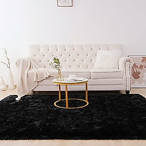Vocrite Black Fluffy Rug for Bedroom, Shag Fuzzy Area Rug for Living Room, Non-Slip Shaggy Plush Furry Rugs for Nursery Classroom, Soft Carpet for Playroom Dorm Teen's Room Decor, 4x6