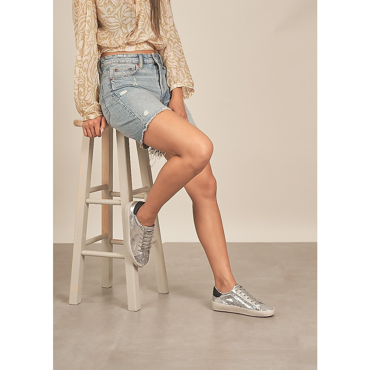 Mi.iM Brady Rubber Sole Lace-up Rhinestone Glitter Leather Suede Star Sneakers (8.5, Silver)