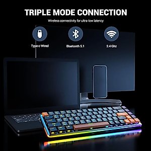Gaming Keyboard, 65% Low Profile Wireless Mechanical Keyboard with Red Switch, Bluetooth 5.0/ 2.4G/ Wired RGB Lighting Keyboards for Travel Office PC, Compatible with Mac OS and Windows, Volume Slider