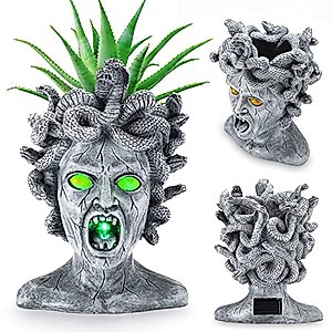PERFECTOP Large Medusa Head Planter, Solar Lights Medusa Garden Statue, Creepy Scary Goddess Lady Face Flower Pot Succulent Gothic Planter for Indoor Outdoor Plants, Patio Yard Home Decor, Unique Gift