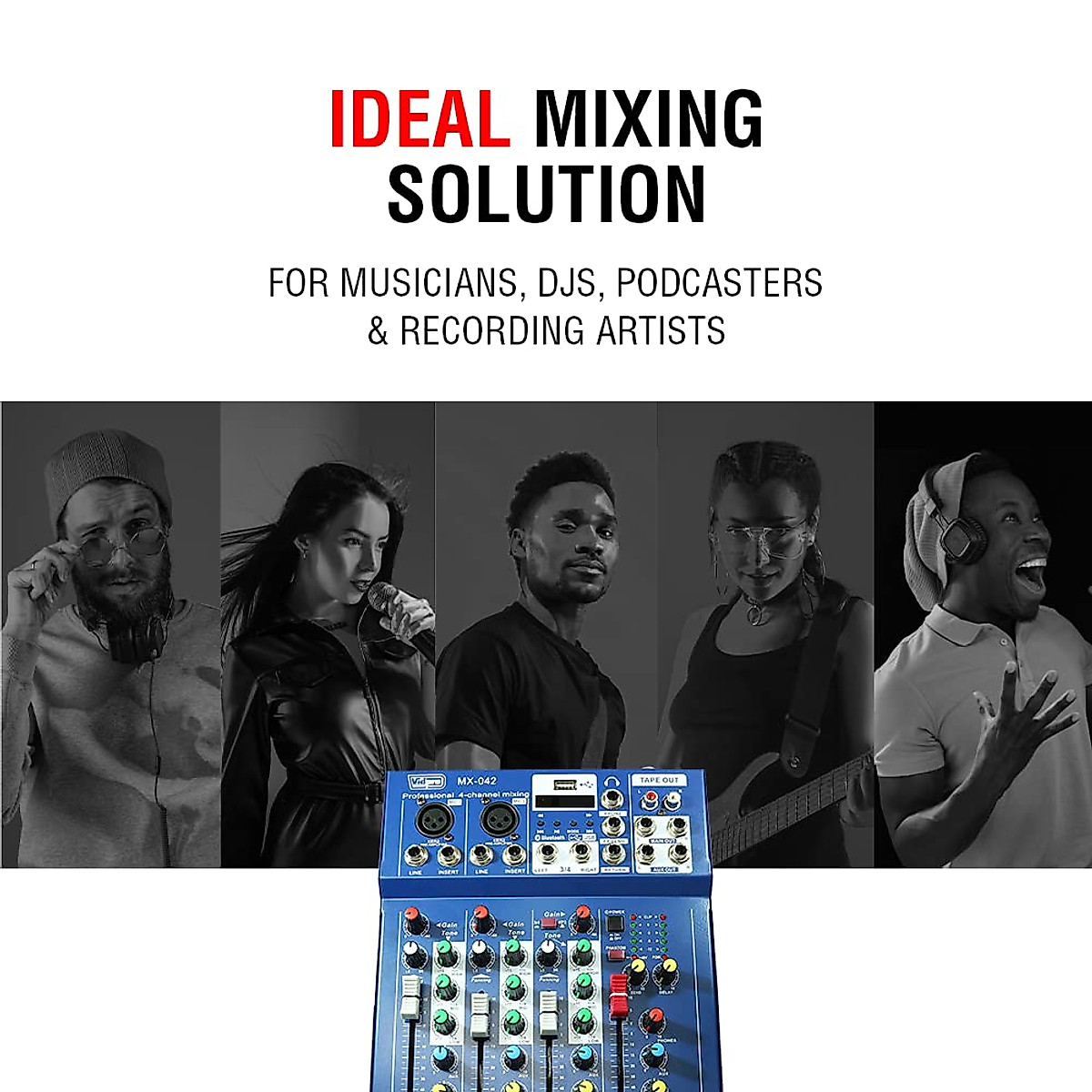 Vidpro MX-042 Professional Audio Mixer - Sound Board Console - Desk Interface System with 4 Audio Inputs Bluetooth MP3 & More Ultra-Low-Noise Ideal for Recording Casting Streaming & DJ Use