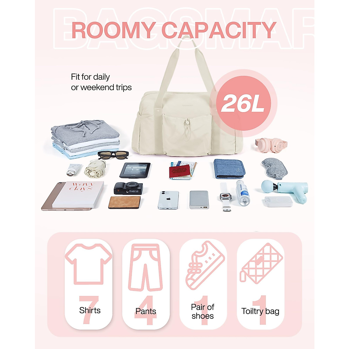 BAGSMART Foldable Travel Duffle Bag for Women, Gym Tote Bag for Sports, 26L Airport Carry On Weekender Overnight Bag for Travel, Travel Accessories(Beige)