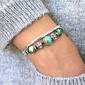 Lizzy James Basil Adjustable Double Natural Black Leather Strand & Silver Bracelet with Semi Precious Turquoise Beads for Women