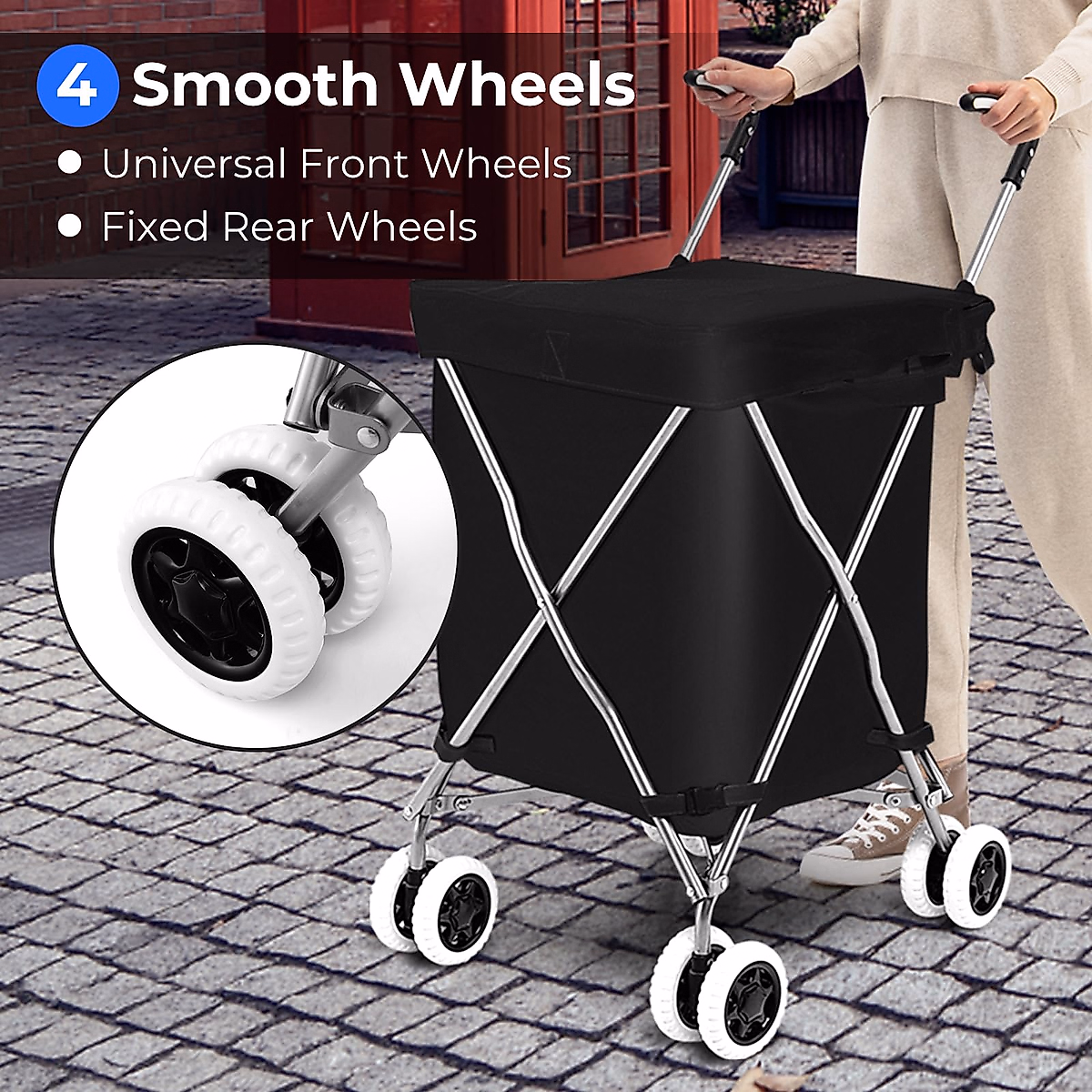 COSTWAY Folding Shopping Cart, Portable Grocery Cart on Wheels with Removable Waterproof Oxford Cloth Liner, Transport Up to 120 Pounds, Lightweight Utility Cart for Groceries, Laundry (Black)