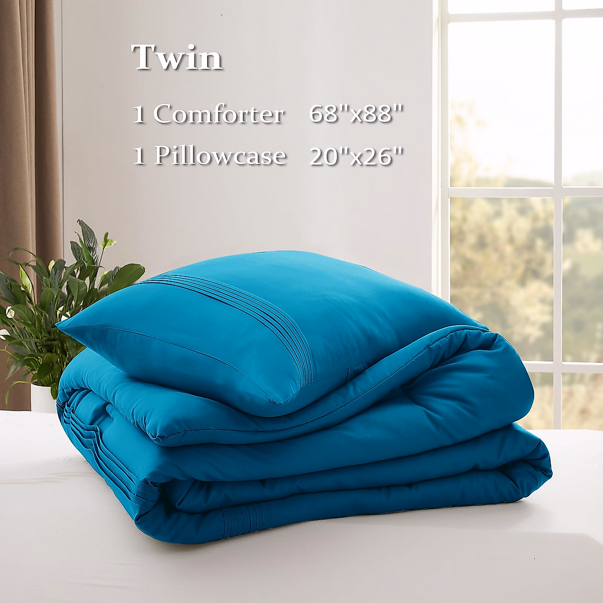 Basic Beyond Twin Comforter Set for Girls Boys, Fluffy Comforter Twin Size Bed, Lightweight Teal Comforter Set Twin, 2 Pieces Pinch Pleat Comforter Set (68" x 88" Comforter & 1 Pillowcase)