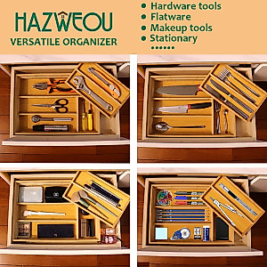 HAZWEOU Bamboo Silverware Organizer - Kitchen Drawer Organizer and Utensil Organizer - Cutlery – Flatware - Hardware Organizer, with Small Slidable Organizer(Natural)