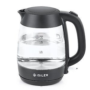 iSiLER 1500W Electric Kettle, 1.7 L Electric Tea Kettle with LED Indicator, Cordless Electric Glass Hot Water Boiler, Portable Teapot Heater Auto Shut-Off & Boil-Dry Protection BPA-Free Black