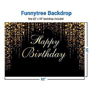 Funnytree 82" x 59" Happy Birthday Party Backdrop Black and Gold Glitter Bokeh Sequin Spots Photography Background Golden Sparkle Shining Dots Baby Abstract Milestone Banner Cake Table Decor Photo