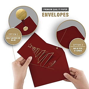 easykart labels 20 Christmas Greeting Cards with Gold Foiling Xmas Tree, 6.75 x 4.5 Size, Dark Red Self Paper with Red Envelope with Seal Stickers For Friends, Family and loved Ones