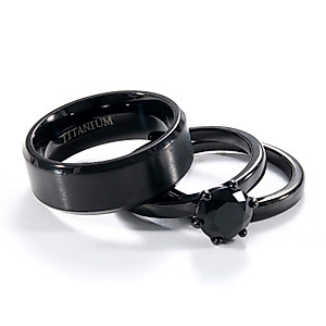 Ringcrown 2 Rings Couple Rings Bridal Sets Black Cz Womens Wedding Ring Sets Titanium Steel Man Wedding Bands