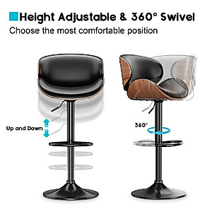 ONME Bar Stools Set of 2, Adjustable Height Swivel Bar Stools, PU Leather Upholstered Bar Chair with Back and Footrest for Bar, Kitchen, Dining Room, Dark Black