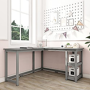 Max & Lily Solid Wood Corner Desk, 55 x 55 Inches, Grey