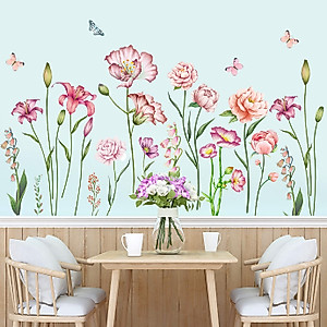 Amaonm Removable Fresh Flower and Flying Butterfly Dragonfly Wall Sticker Blue Pink Lily Poppy Peony Floral Wall Decal DIY Peel and Stick Grass Plants Wall Decor for Girls Baby Bedroom Nursery Living