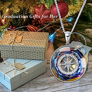 AOBOCO Compass Necklace Sterling Silver Circle Pendant Necklace with Color-Changed Crystal, Graduation Jewelry Gift for Women