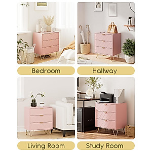 Aobafuir 3 Drawer Dresser for Bedroom, Modern Closet Dressers Chest of Drawers, Storage Dresser Chest Cabinet Organizer Unit, Small Fluted Dresser for Bedroom (Pink Diamond)