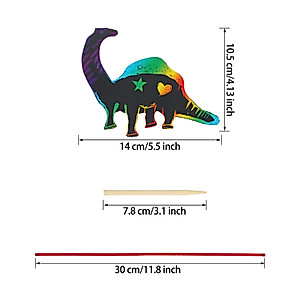 Outus 48 Pieces Scratch Dinosaur Paper Scratch Paper Dinosaur Craft Art Kits with 24 Pieces Wooden Styluses and 48 Pieces Ribbons for Dinosaur Birthday Party Game Supplies