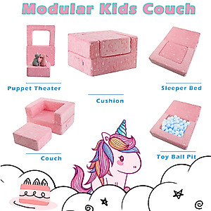 MeMoreCool Toddler Chair Glow in Dark Unicorn Kids Couch, Fold Out Modular Chair for Boy Girl, Pink Baby Sofa for Bedroom Lounge