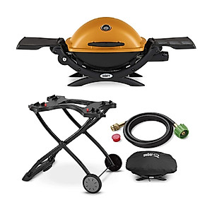 Weber Q1200 Liquid Propane Grill (Orange) Bundle with Portable Cart, Adapter Hose and Grill Cover (4 Items)