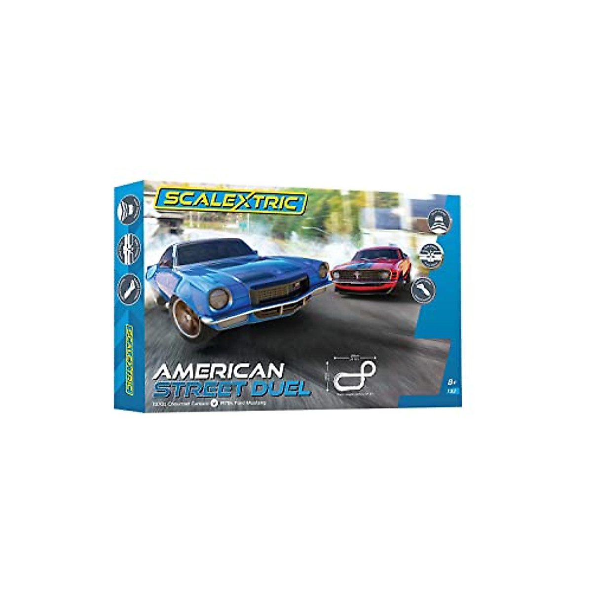 Scalextric American Street Duel 1970's Camaro vs. Mustang 1:32 Slot Car Race Track Set C1429T, Blue & Red