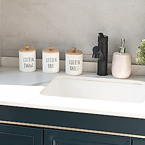 Mkono 4 Pack Qtip Holder Dispenser with Bamboo Lids, Ceramic Apothecary Jars for Bathroom Storage Canister, Vanity Makeup Organizer, Bathroom Accessories Set for Cotton Balls, Swabs, Pads, Floss