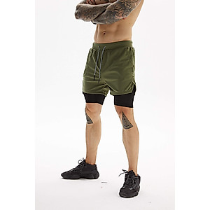 OEBLD Mens Athletic Shorts 2-in-1 Gym Workout Running 7'' Shorts with Towel loop Army Green