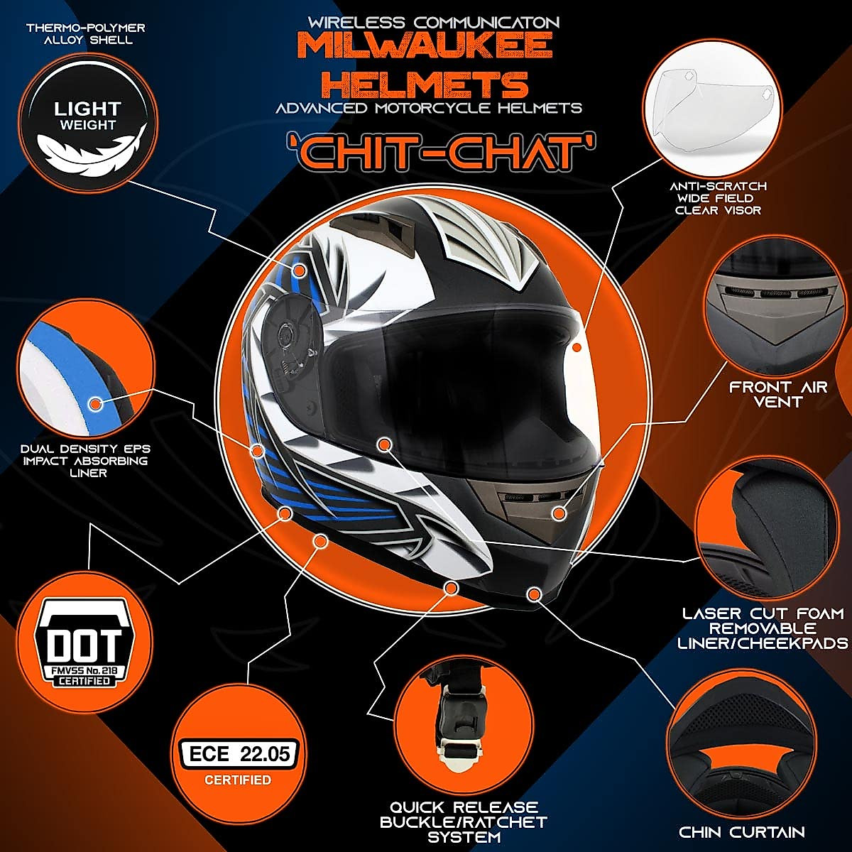 Milwaukee Helmets H512 Titanium and Blue Chit-Chat Black Full Face Motorcycle Helmet w/Intercom - Built-in Speaker and Microphone for Men/Women - Medium