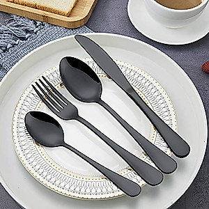 Wildone 60-Piece Black Silverware Set, Stainless Steel Flatware Cutlery Set Service for 12, Tableware Eating Utensils Include Knives/Forks/Spoons, Mirror Polished, Dishwasher Safe