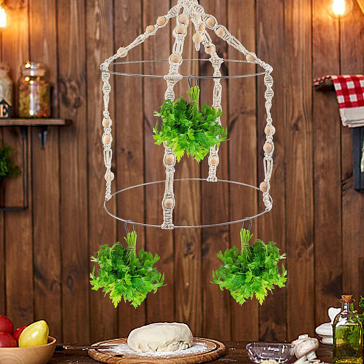 ZUDKSUY Double Hanging Drying Rack with 15 Hooks Hand-Woven Hanging Vegetable Drying Rack, Air-Dried Vegetable and Dried Fruit Rack for Air-Dried Plants, Spices and Flowers