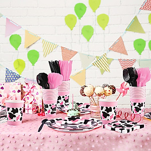durony 210 Pieces Pink Cow Print Tableware Set Pink Cow Print Party Decorations Paper Plates Cups Napkins Knife Spoons Forks for Cowgirl, Baby Shower, Farm Birthday Party Supplies, Serve 30 Guests