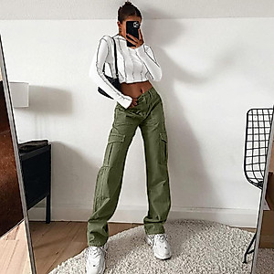 Cargo Pants Women Cute Pants Baggy Straight Wide Leg Pants with Pockets Y2k Streetwear Army Green